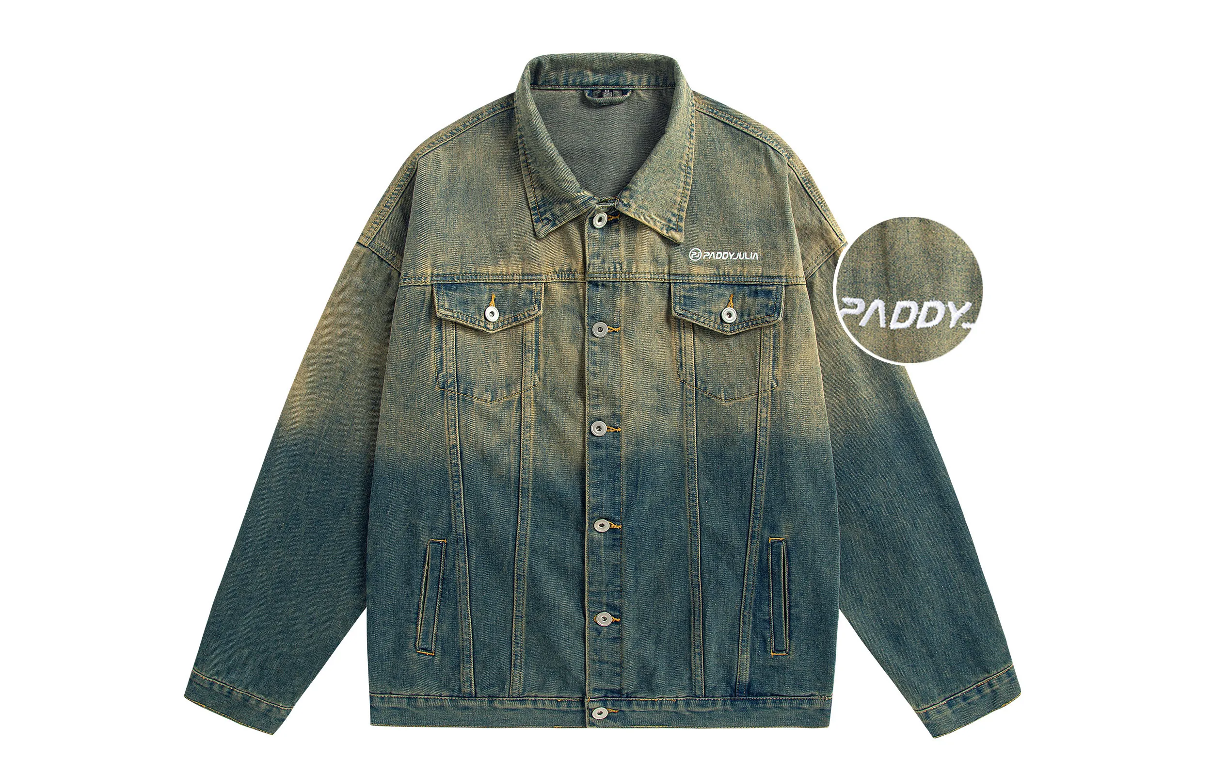 Paddy julia vintage wash gradient embroidery Unisex Denim Jacket - POIZON