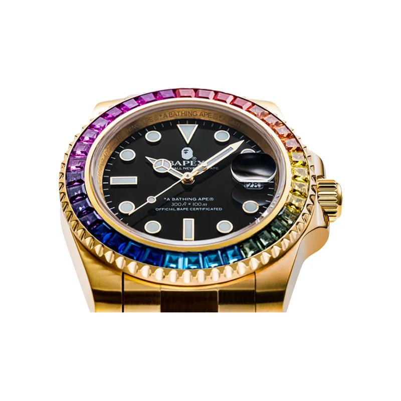 A BATHING APE Type 1 Bapex Crystal Stone Watch Gold/Rainbow A BATHING APE Type 1 Bapex Crystal Stone Watch Gold/Rainbow