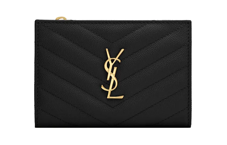 SAINT LAURENT Wmns Leather YSL Monogram Gold Label Logo Grain Embossing ...