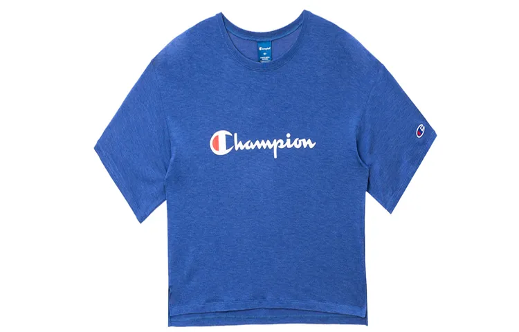 Champion Wmns Sports Series Logo Round-neck Tee Blue - POIZON