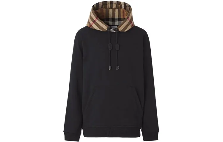 Burberry Check Hood Cotton Blend Hooded Sweatshirt Black Beige - POIZON
