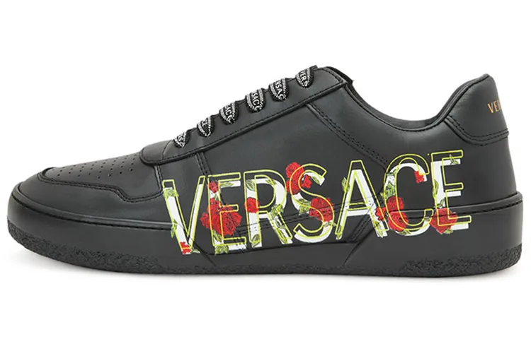 VERSACE Side Logo Tennis Sneaker 'Black Floral' - POIZON
