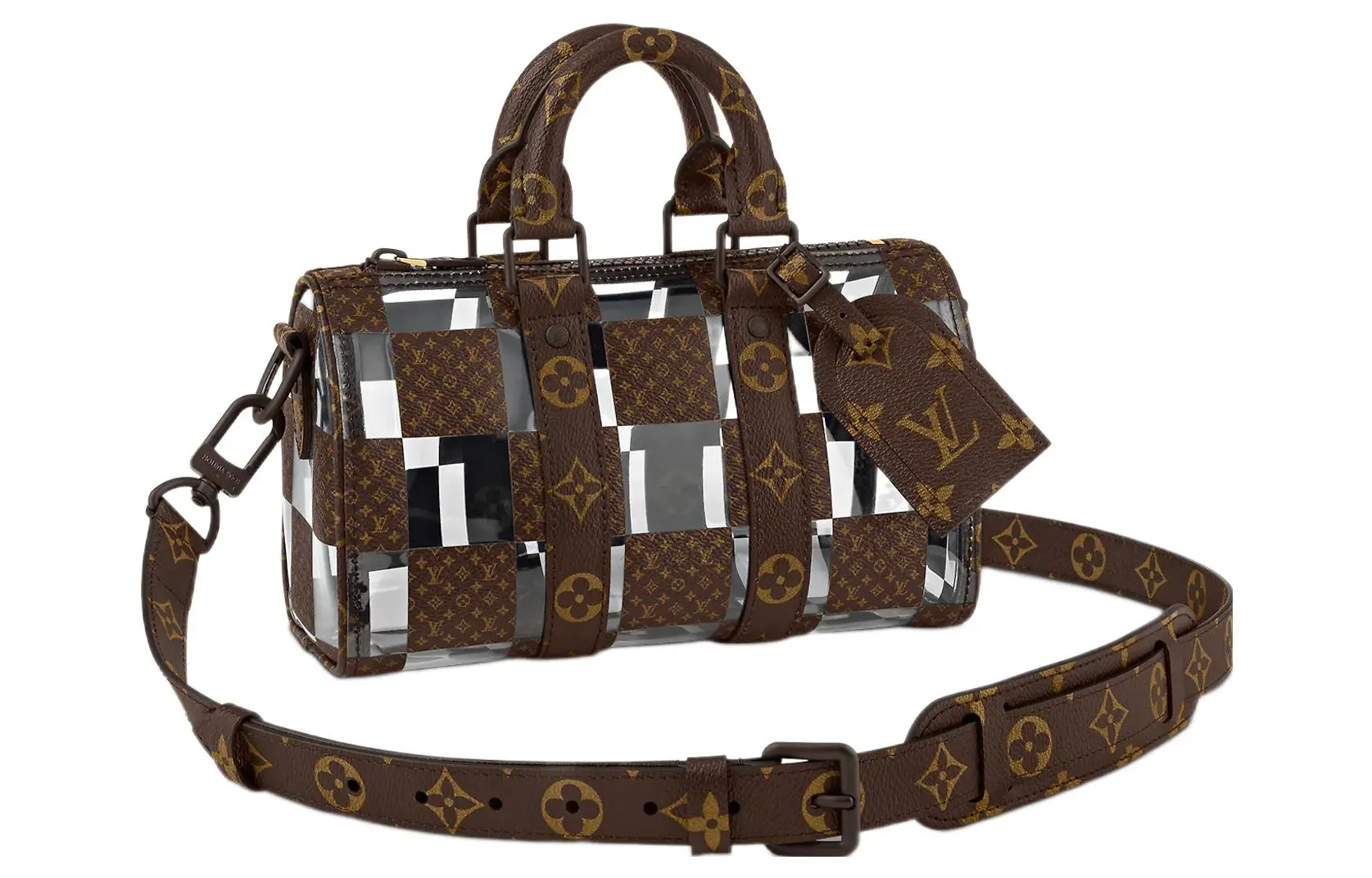 LOUIS VUITTON Men Keepall 25 Boston Monogram Chess Crossbody Bag Brown ...
