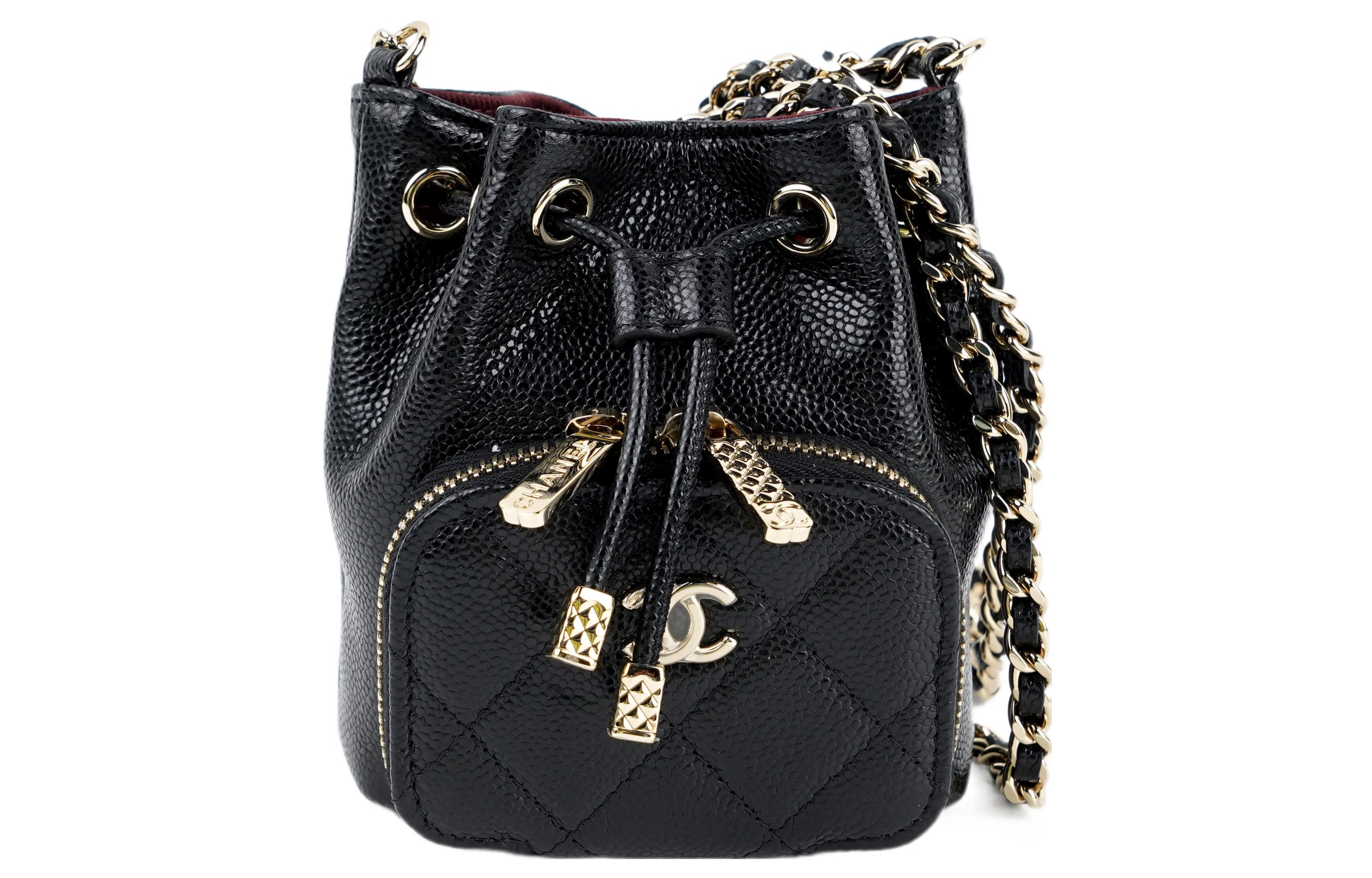 CHANEL Mini Bucket Bag with Chain Grained Calfskin Gold Black - POIZON