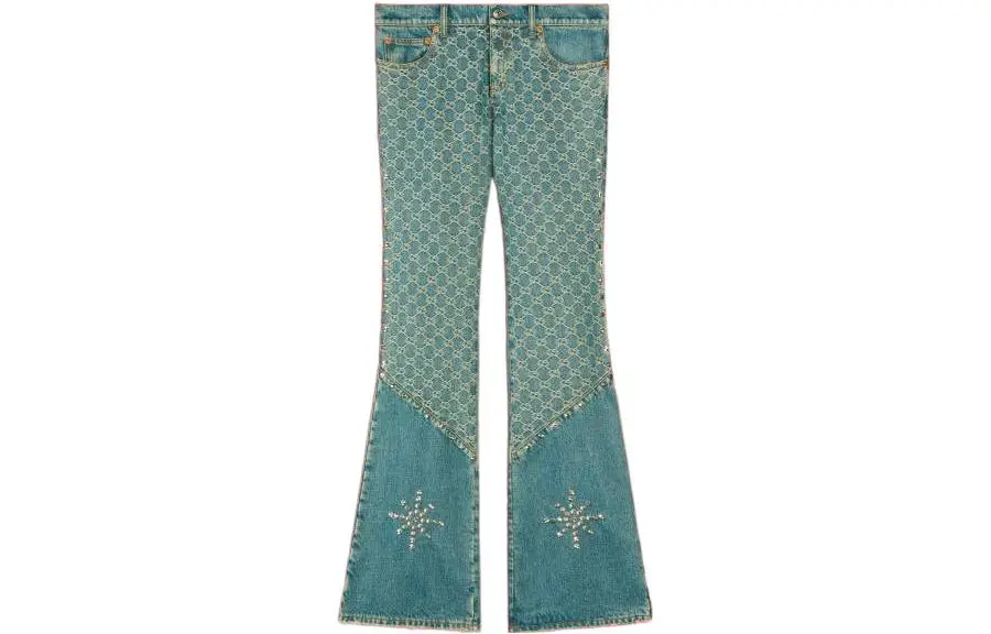 GUCCI X Palace Bootcut Jeans With Allover Gg Pattern And Studs 'Light ...