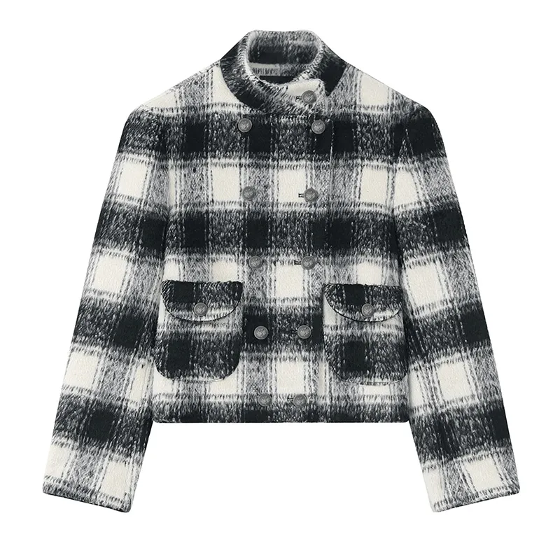 ELF SACK Cropped Coats Women's Black/White Plaid Pattern - POIZON