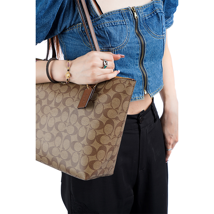 COACH Zip Top Tote Canvas With Leather Tote Bag Shopping Bag COACH Zip Top Tote Canvas With Leather Tote Bag Shopping Bag